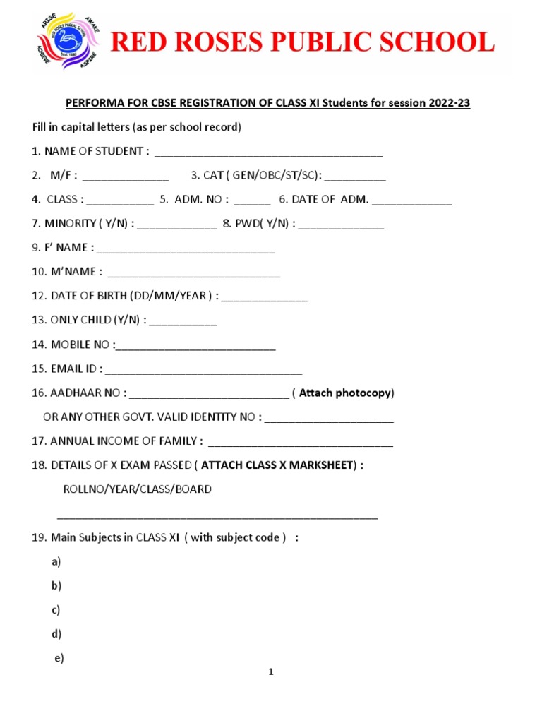 CBSE Class XI Registration Performa | PDF