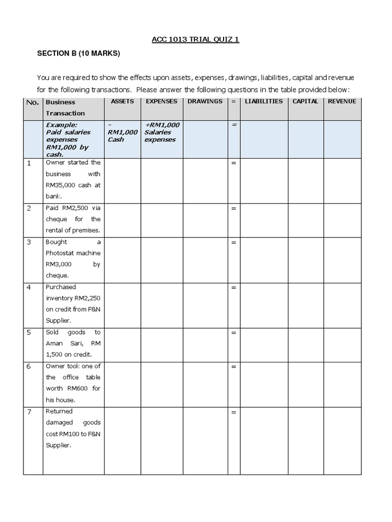 Acc 1013 Trial Quiz 1 | PDF | Financial Transaction | Expense