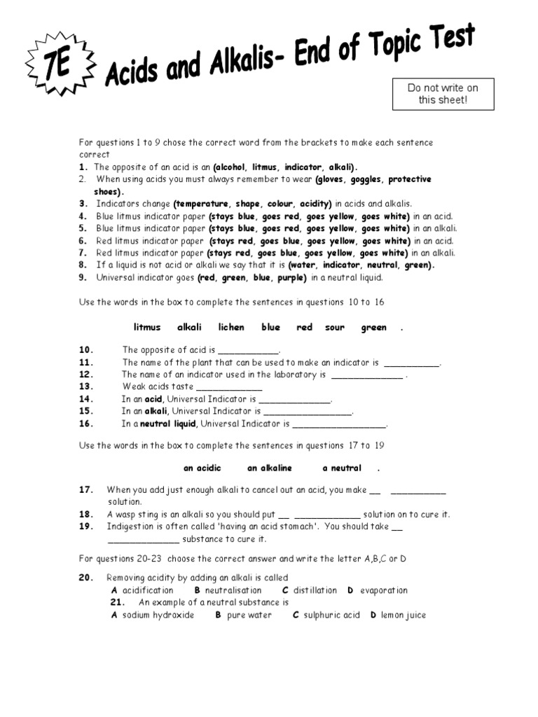 Year 7 Acids and Alkalis Quiz | PDF | Ph | Chemical Compounds