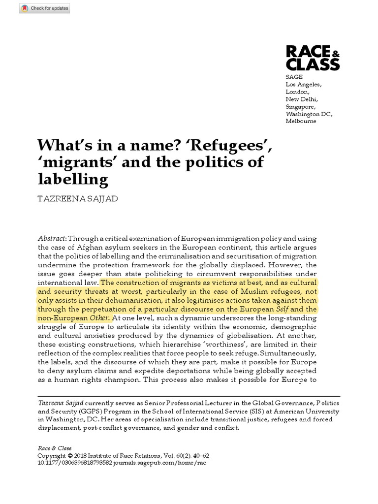 What's in A Name? Refugees', Migrants' and The Politics of Labelling ...