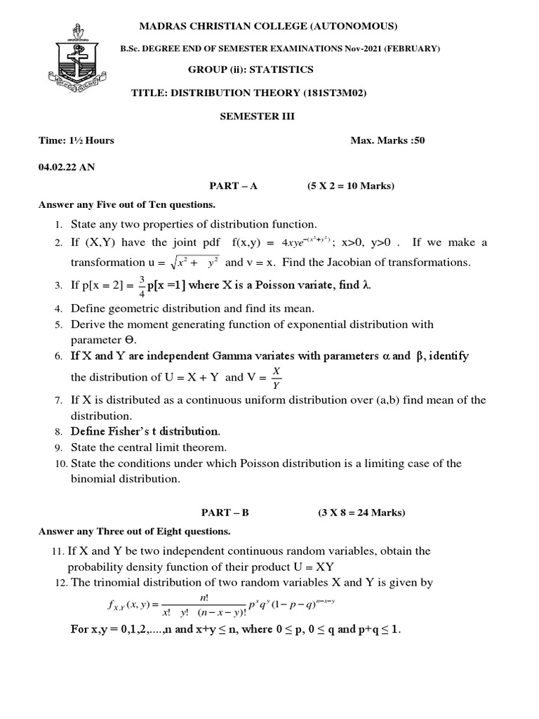 B.sc. Statistics - Distribution Theory (181st3m02) | PDF | Probability Distribution ...