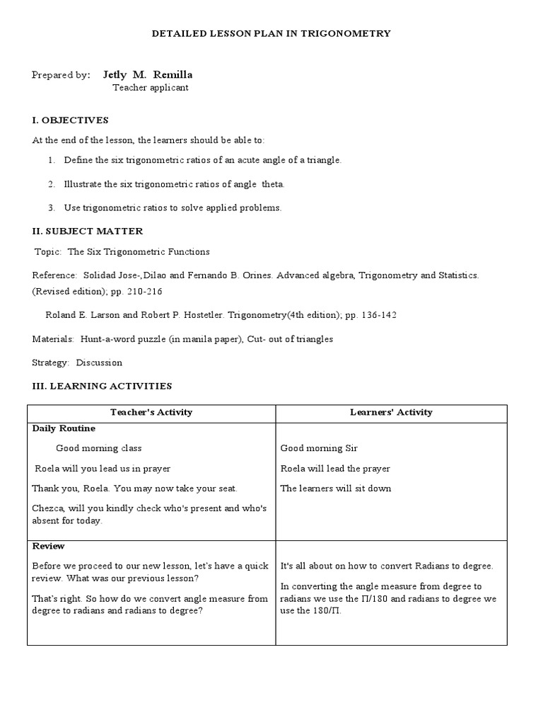 Lesson Plan in Trigonometry | Download Free PDF | Trigonometric ...