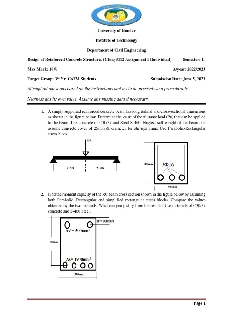 Design of RC Structures Ass I | PDF | Beam (Structure) | Strength Of Materials