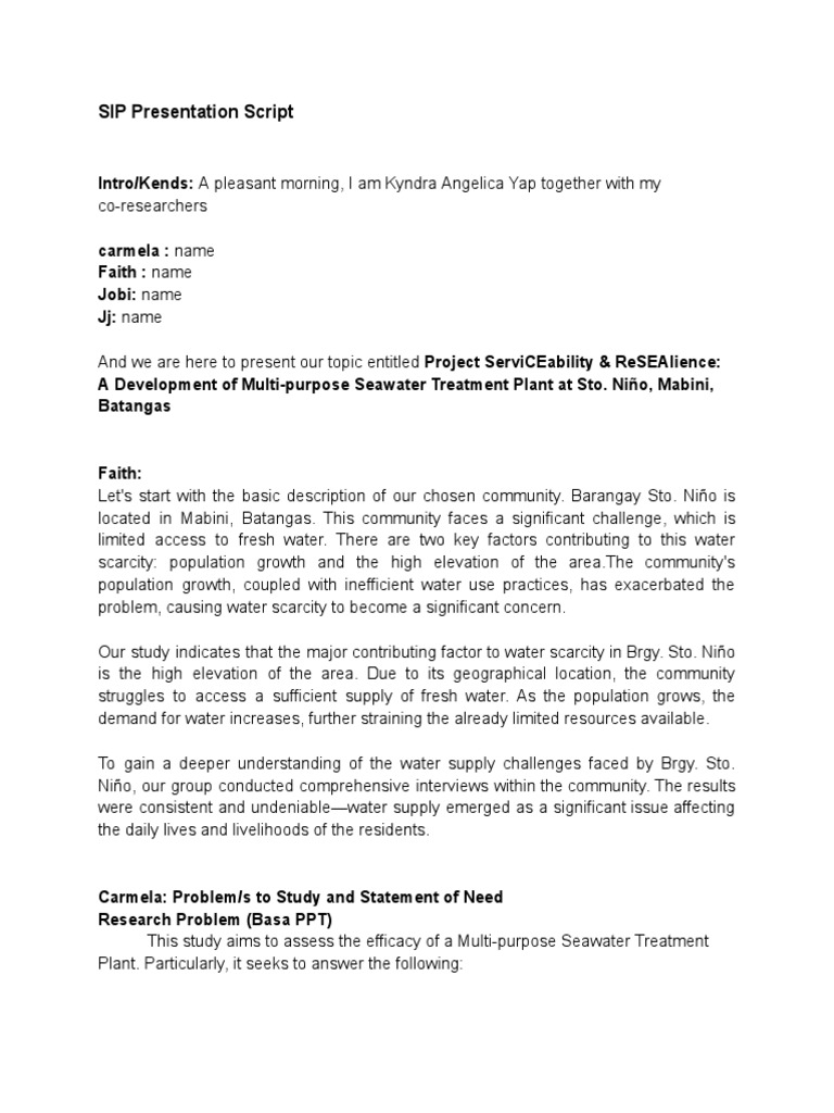 SIP Presentation Script | PDF | Filtration | Water Purification