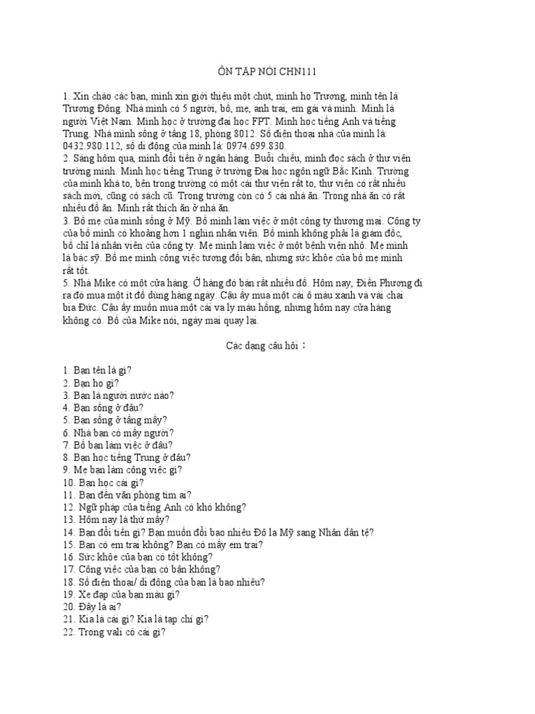 ÔN TẬP NÓI CHN111 | PDF