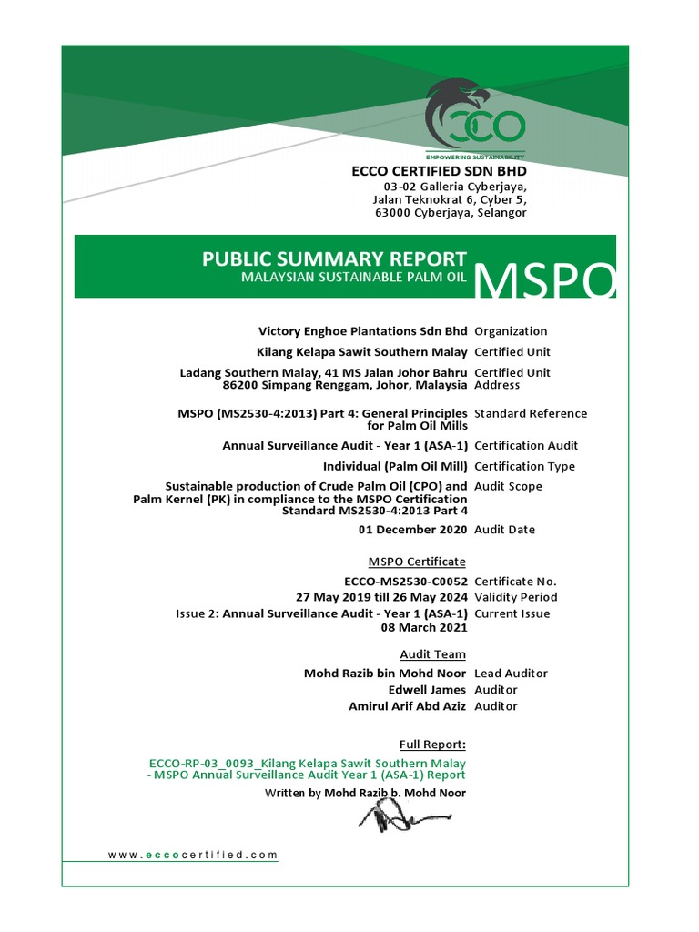 MSPO Audit Report: Kilang Kelapa Sawit | PDF | Audit | Palm Oil