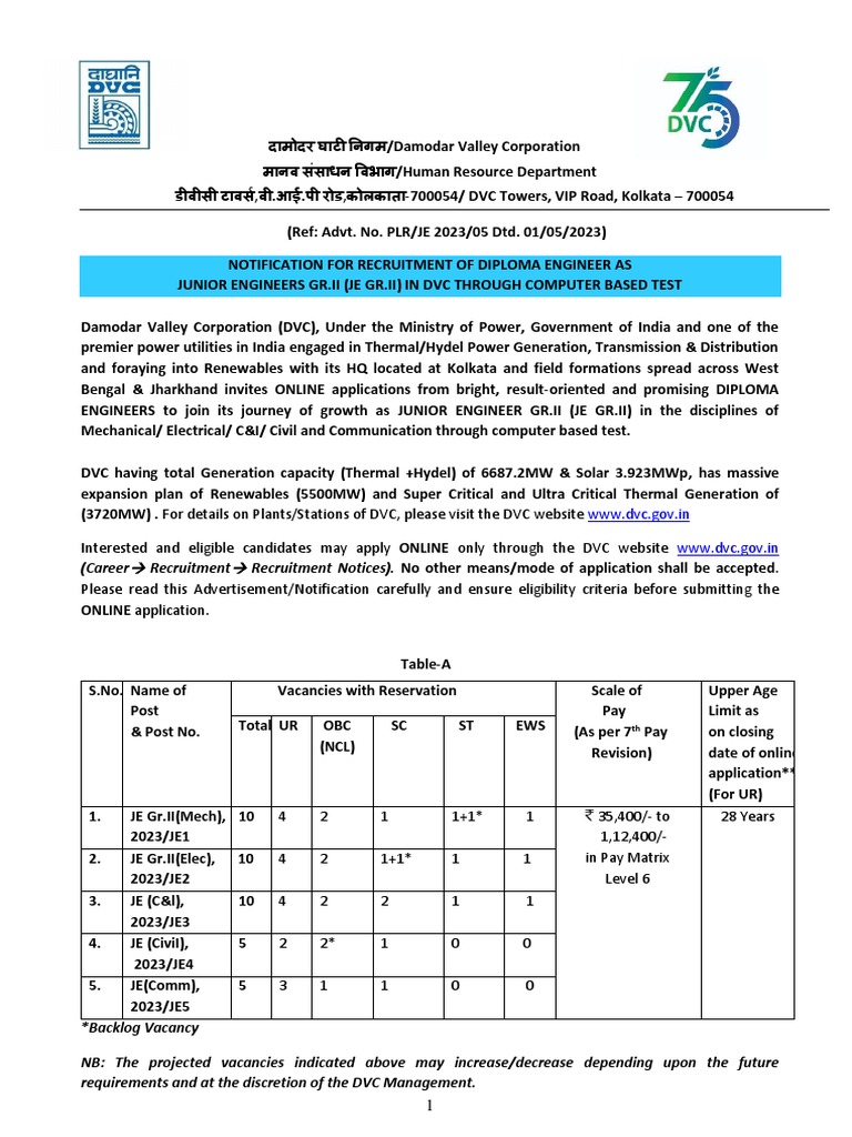 DVC Junior Engineer Recruitment 2023 | PDF