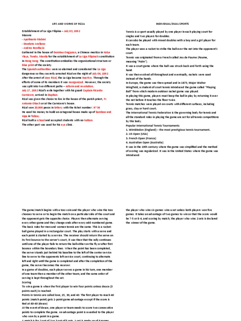 Life and Work of Rizal Reviewer | PDF | Sports | Athletic Sports