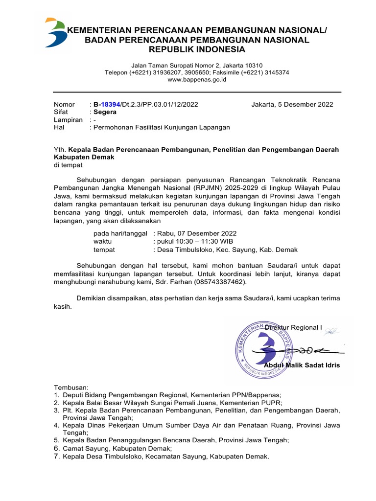 B-18394 PP.03.01 Surat Permohonan Fasilitasi Kunjungan Lapangan - Bappeda Demak - 7 Des 22 ...