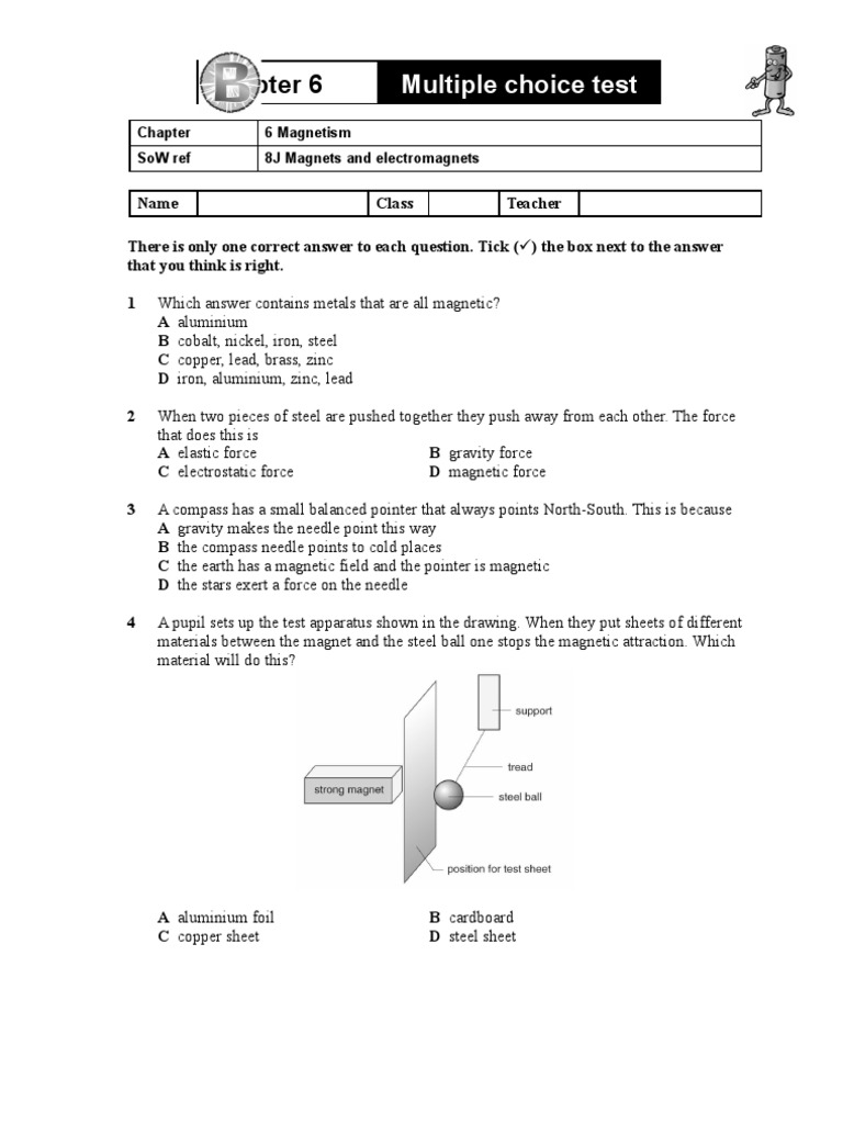 8J Magnets and Magnetism Multiple Choice Test | PDF | Inductor | Magnetism