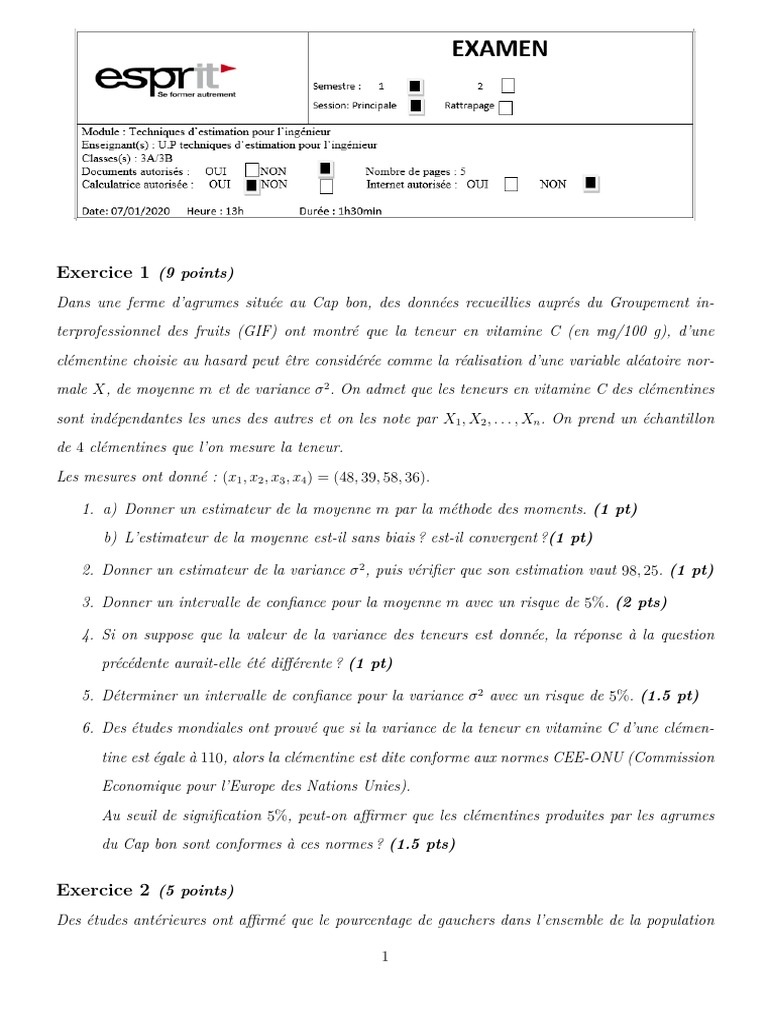 Examen TE 2020-5 Pages | PDF | Estimateur (statistique) | Variance ...