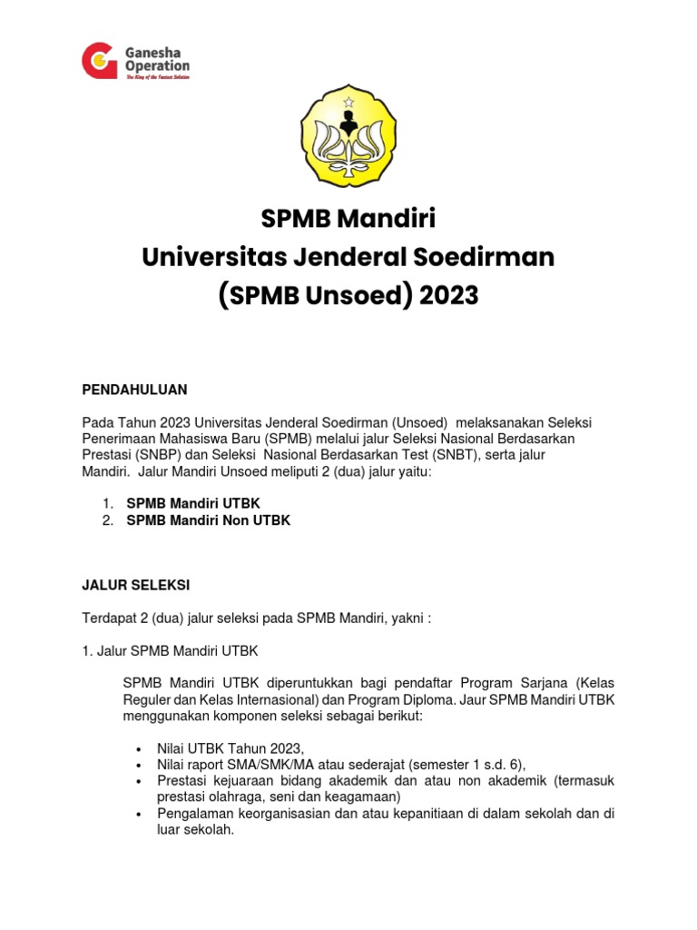 SPMB Mandiri Unsoed 2023: Panduan Lengkap | PDF