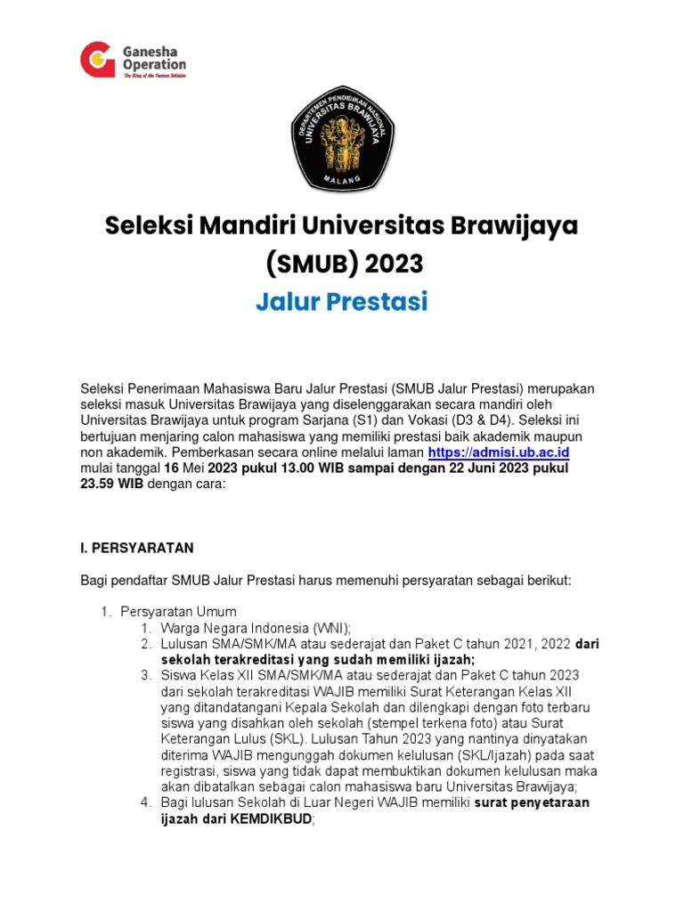 Seleksi Mandiri Universitas Brawijaya (SMUB) 2023 Jalur Prestasi | PDF Seleksi Mandiri Universitas Brawijaya (SMUB) 2023 Jalur Prestasi | PDF