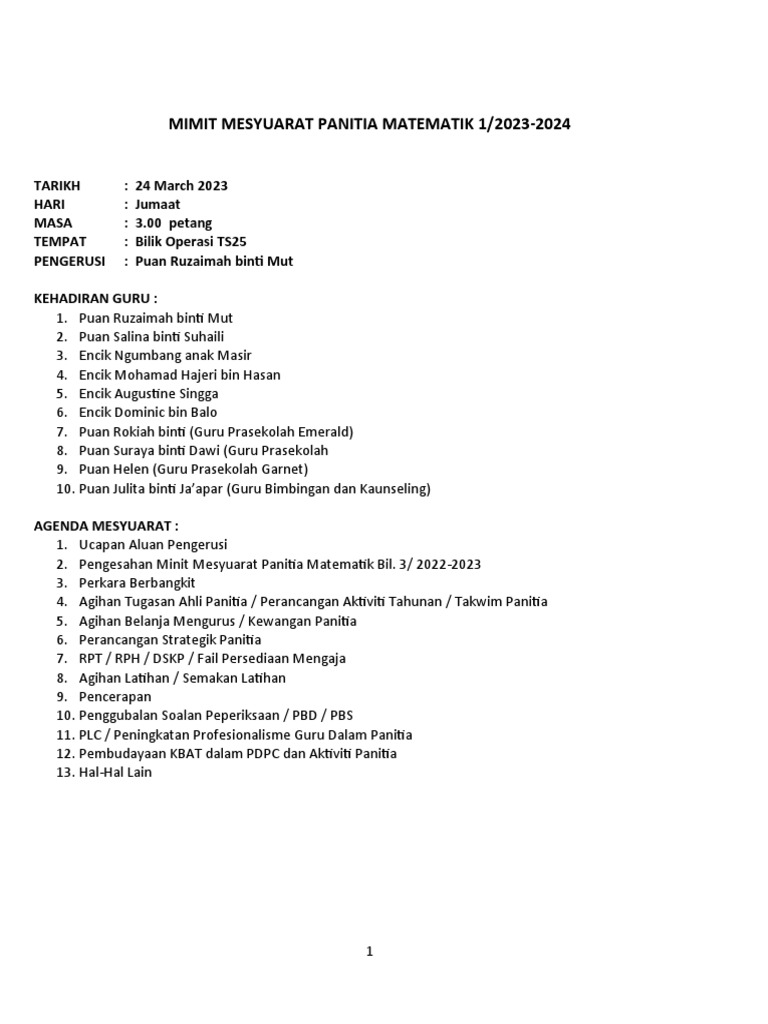 MESYUARAT Math 1 2023 | PDF MESYUARAT Math 1 2023 | PDF
