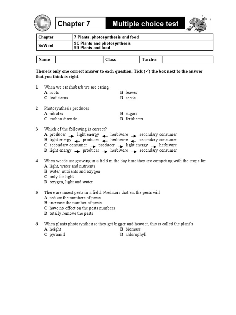 9DC Plants Photosynthesis and Plants For Food Multiple Choice Test ...
