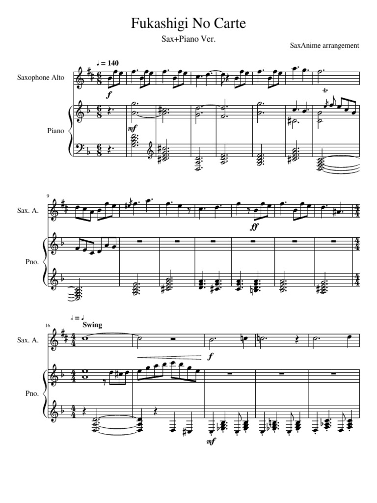 Fukashigi No Carte Sax & Piano Arrangement | PDF | Popular Music | Mass ...
