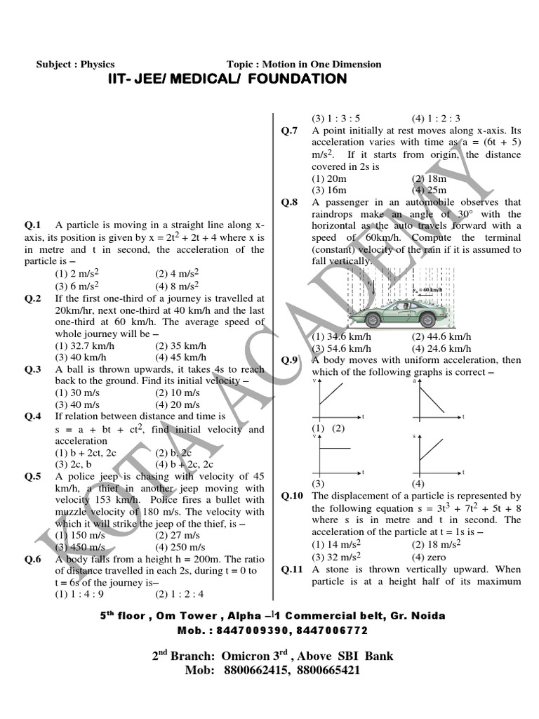 XI-Physics ASSIGNMENTS - (Motion in One Dimension) | PDF | Acceleration ...
