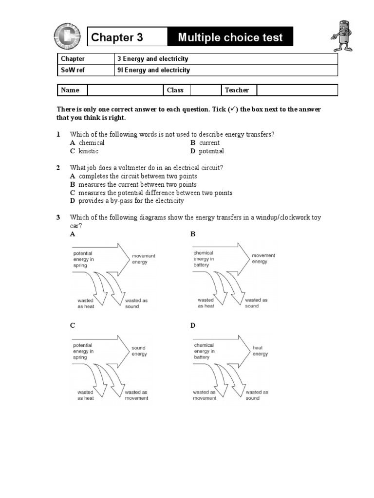 9I Energy and Electricity Multiple Choice Test | PDF | Wind Power | Voltage