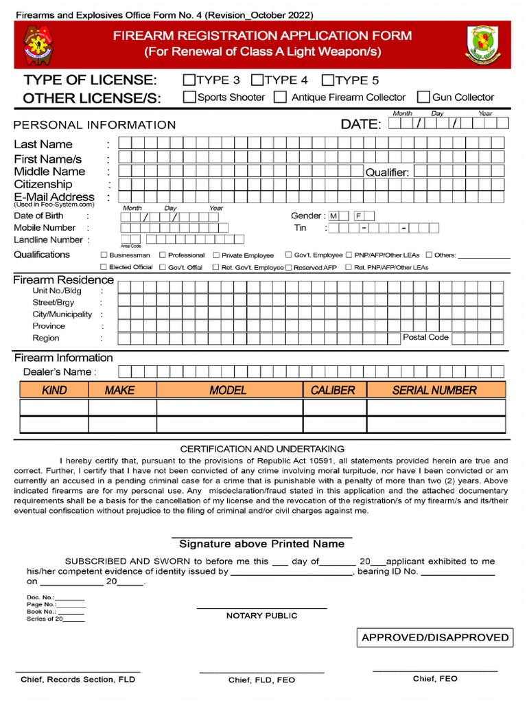 FEO FORM No 4 Firearm Registration Application For Renewal of Class | PDF