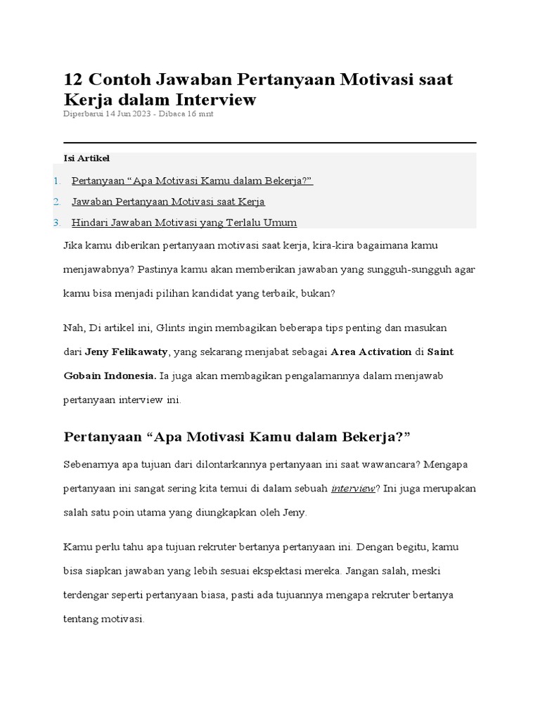 Contoh Jawaban Motivasi Kerja Interview | PDF
