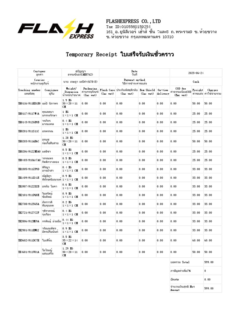 Temporary Receipt ใบเสร็จรับเงินชั่วคราว: Flashexpress Co.,Ltd | PDF