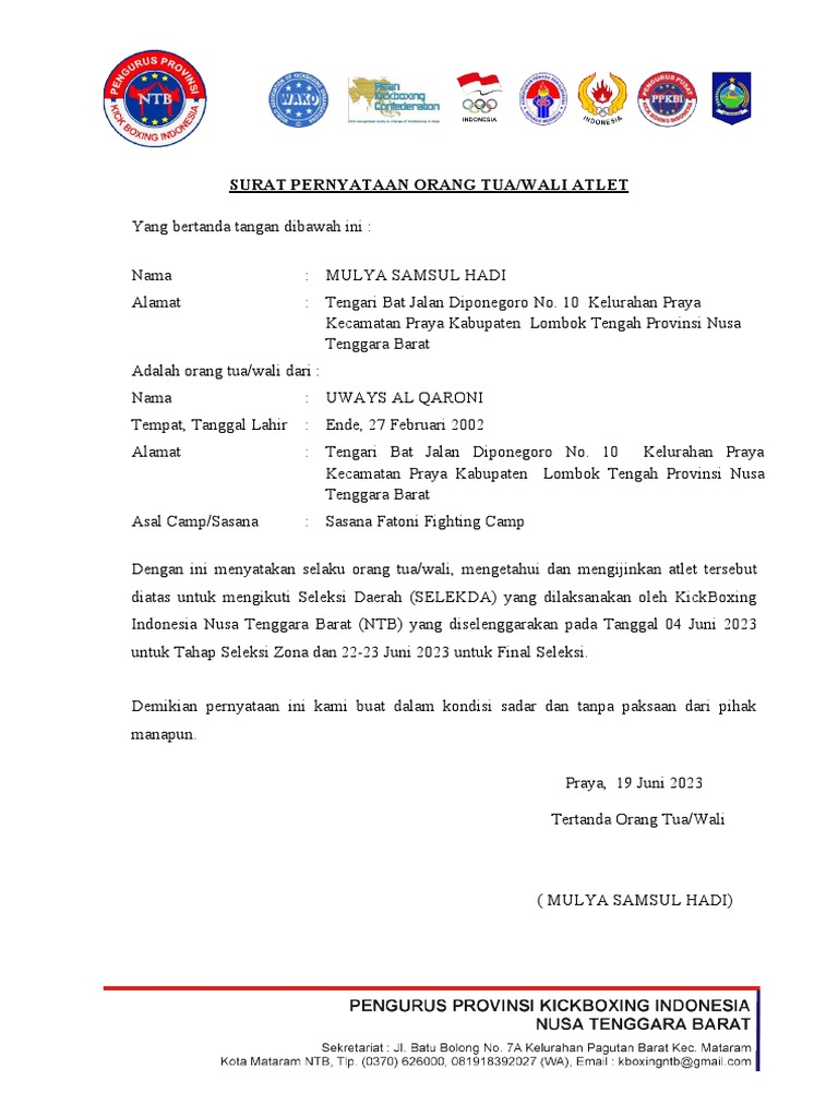 UWAYS Surat Pernyataan Atlet dan Orang Tua Wali - Copy | PDF