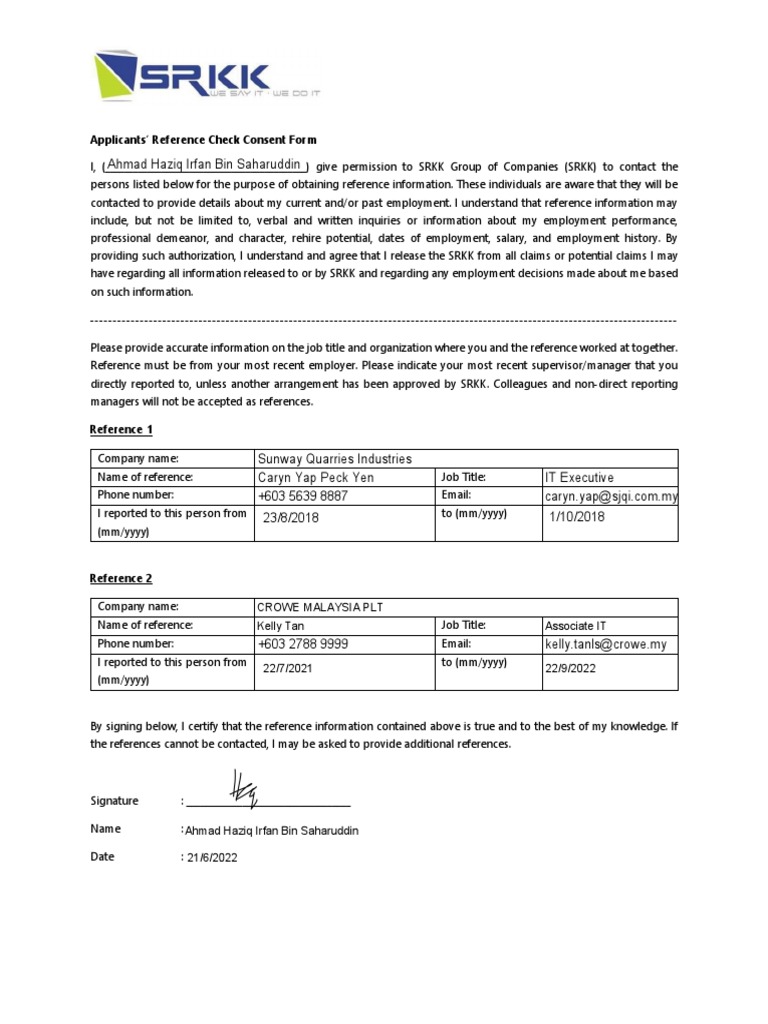 Reference Check Consent Form | PDF