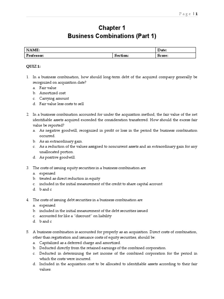 Business Combinations Quiz and Solutions | PDF | Goodwill (Accounting ...
