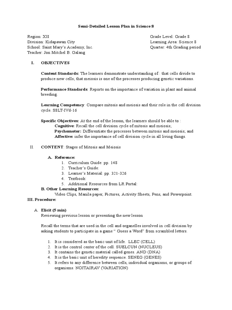 Grade 8 Mitosis and Meiosis Lesson Plan | PDF | Meiosis | Mitosis