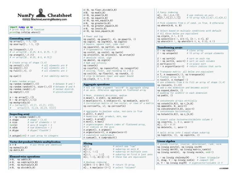 Numpy Cheatsheet | PDF | Matrix (Mathematics) | Mathematical Concepts Numpy Cheatsheet | PDF | Matrix (Mathematics) | Mathematical Concepts