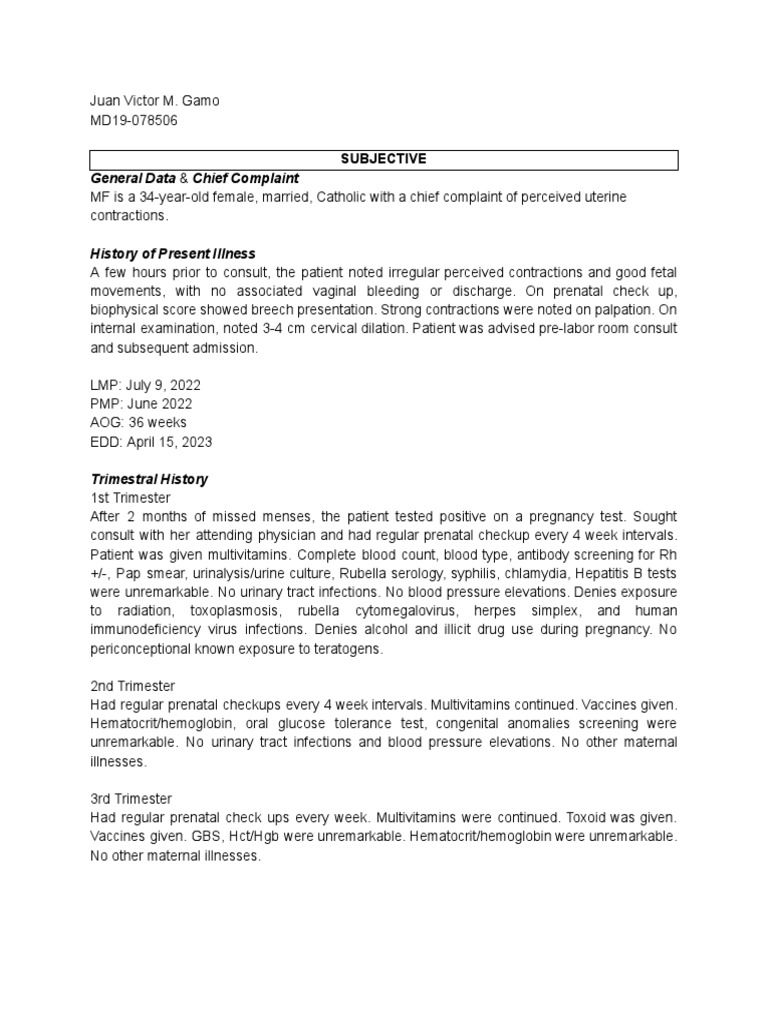 Gamo - Case Write-Up (TMC OB - Pre-LR 1) | PDF | Childbirth | Pregnancy