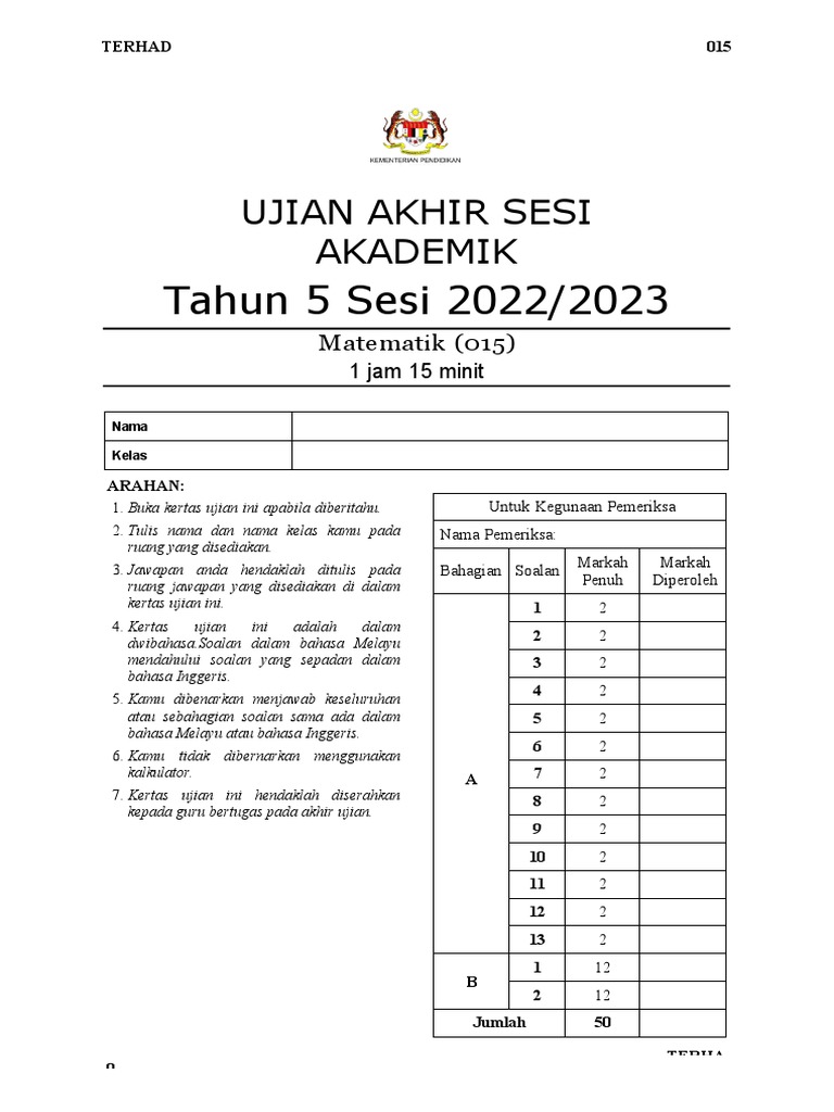 Kertas Soalan Math THN 5 - Bud | PDF