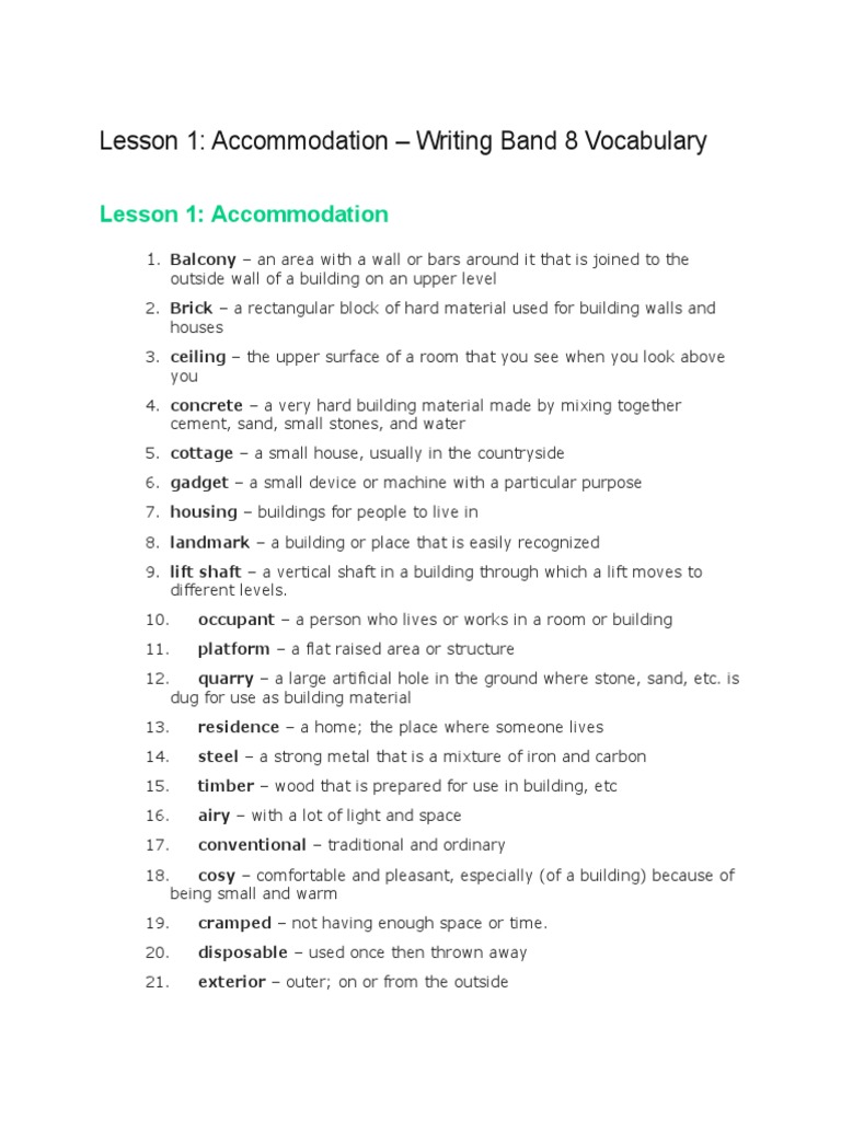 Lesson 1 Accommodation - Writing Band 8 Vocabulary | PDF | Building ...