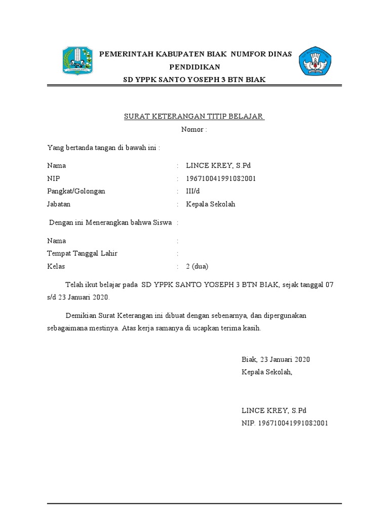 Surat Keterangan Titip SD Yppk Santo Yoseph 3 | PDF