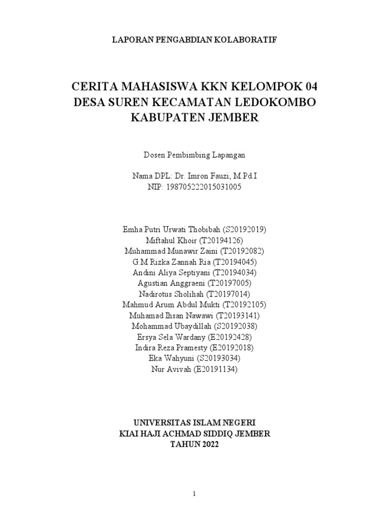 Kumpulan Cerita Mahasiswa KKN Kelompok 04 Desa Suren Ledokombo Jember 2022 | PDF