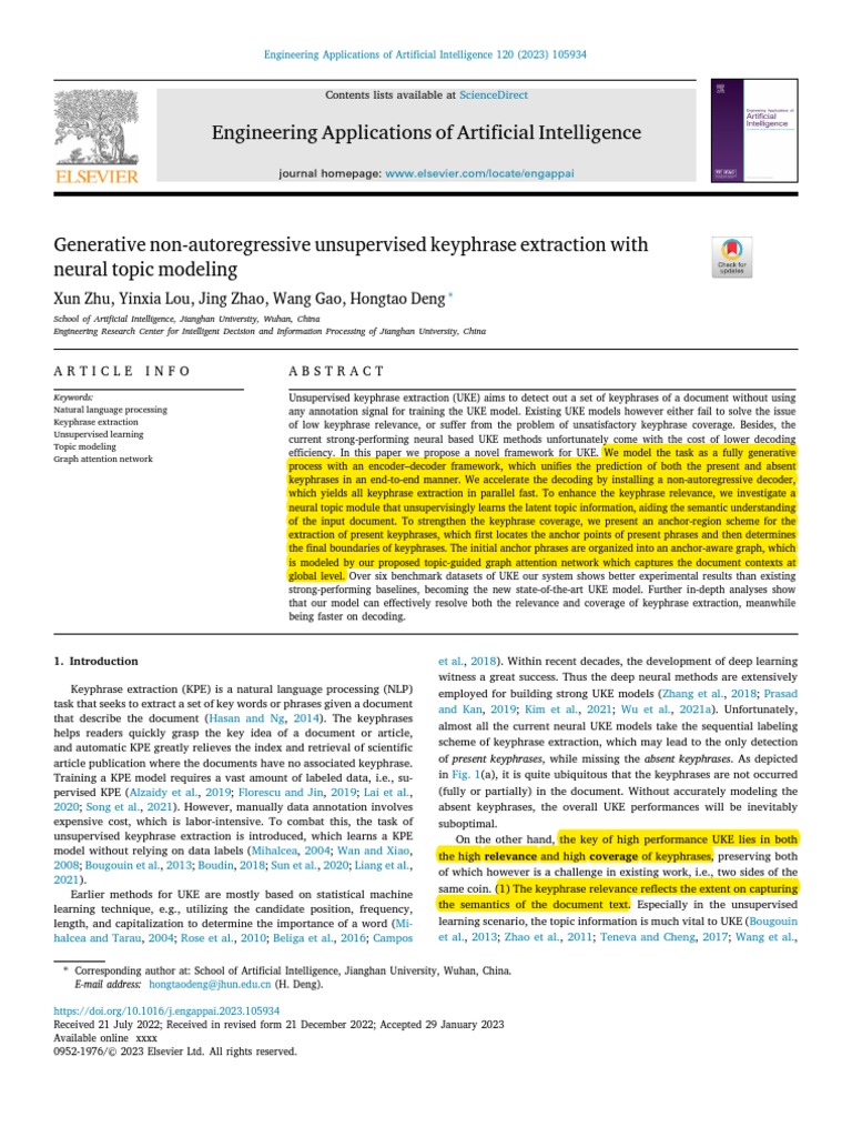 3 Q1 2023 Generative non-autoregressive unsupervised keyphrase extraction (1) | PDF | Cognition ...