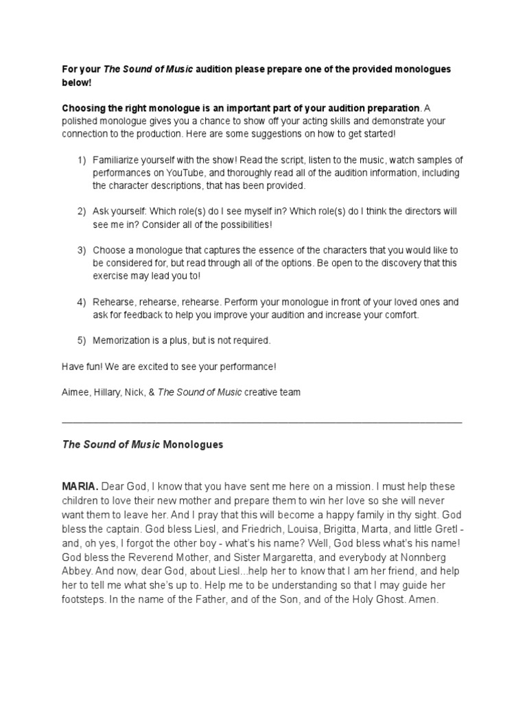 Sound of Music Audition Monologues | PDF