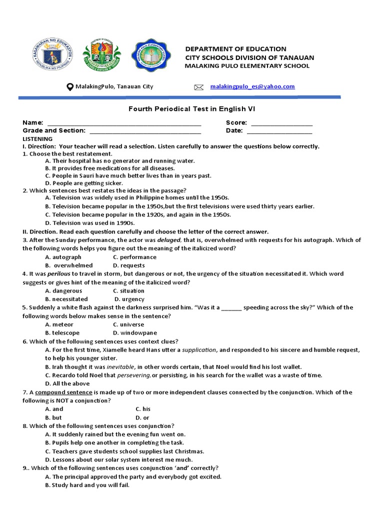 Fourth Periodical Test English | PDF | Preposition And Postposition ...