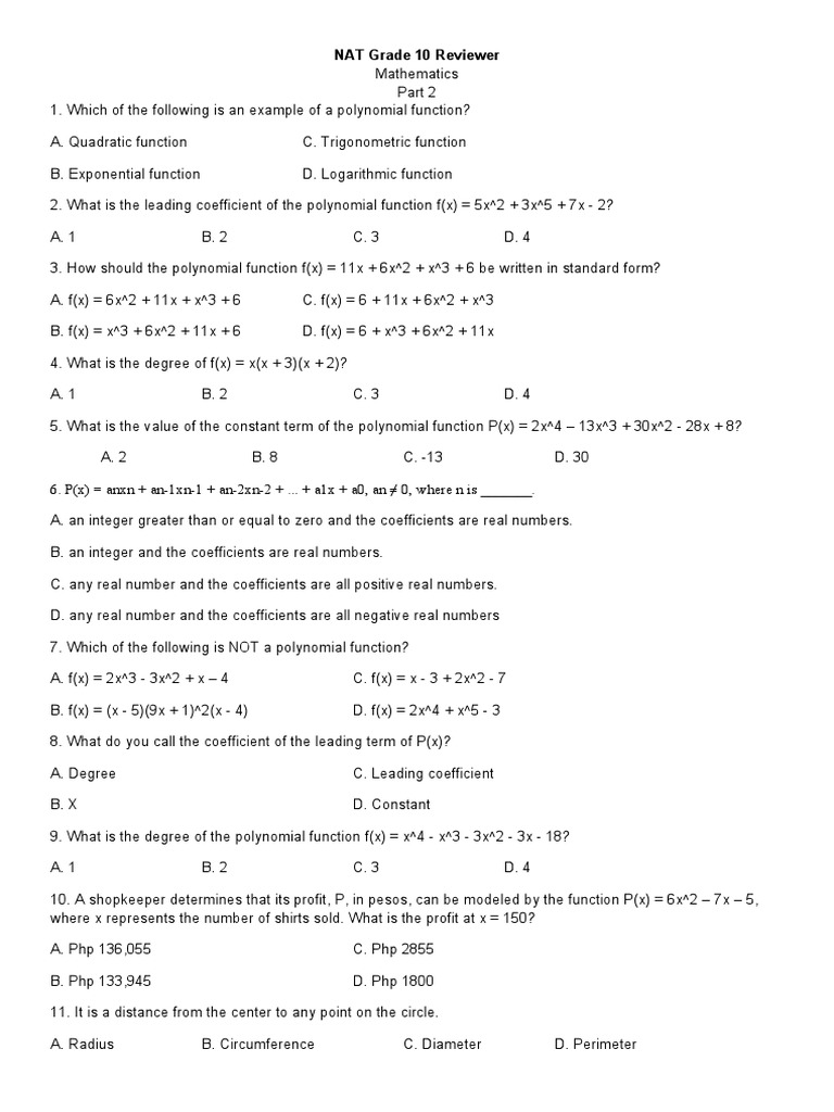 Grade 10 Math NAT Reviewer | PDF | Circle | Function (Mathematics)
