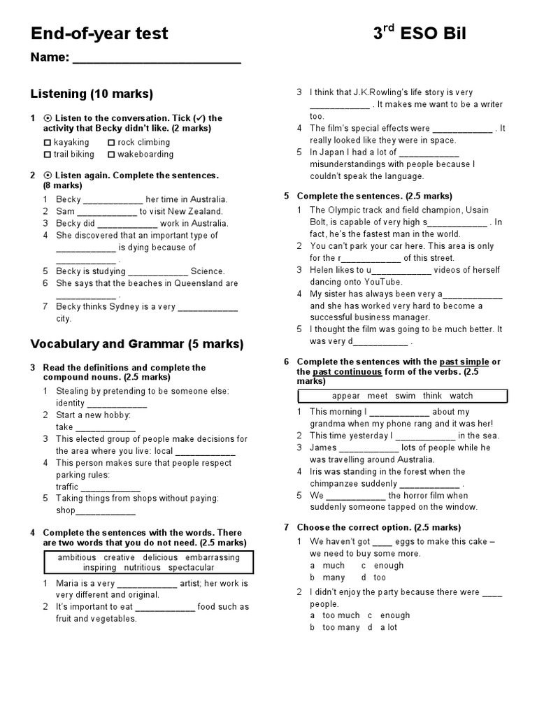 End of Year Tercero Eso Bil | PDF | Linguistics | Grammar