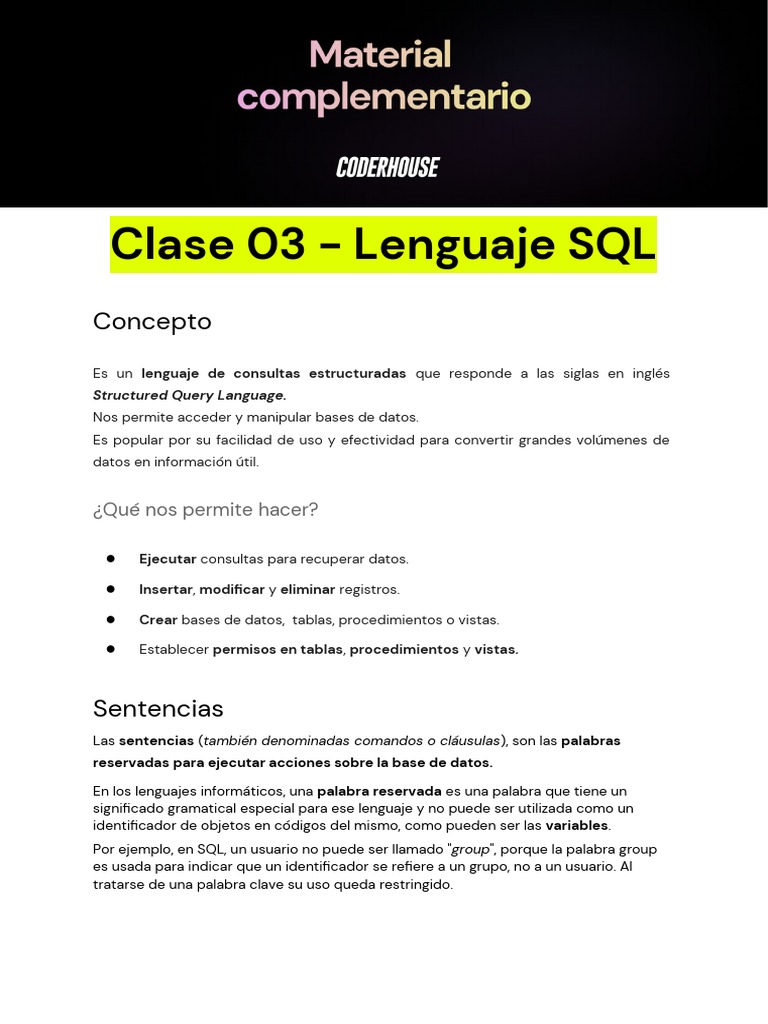 Clase 03 - El Lenguaje SQL | PDF | SQL | Lenguaje de programación