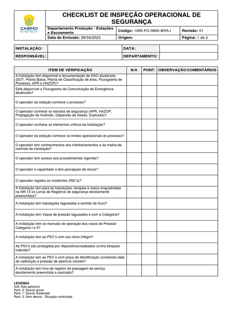 1065-FO-0600-BRA-I Checklist de Inspecao Operacional de Seguranca Rev.01 | PDF