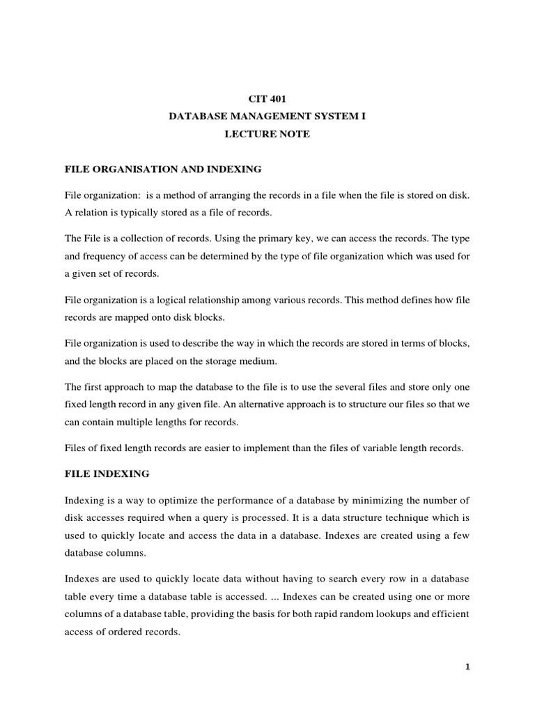 CIT 401 Lecture Note | PDF | Database Index | Databases