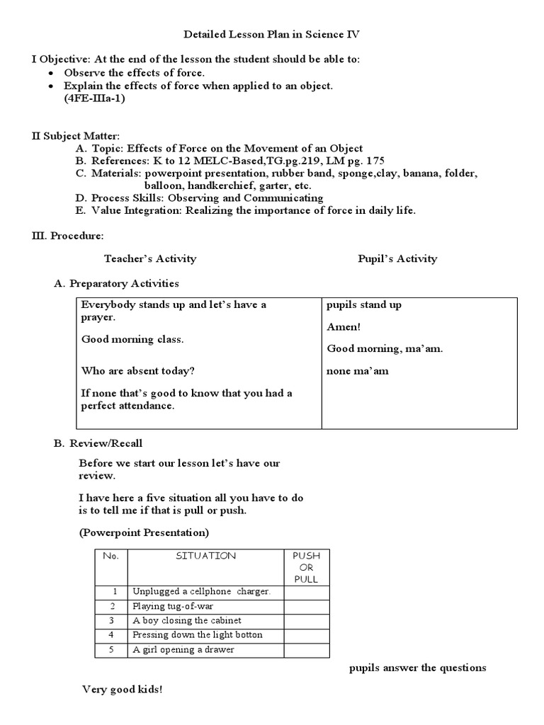 Force and Motion Lesson Plan for Grade 4 | PDF | Force | Mass