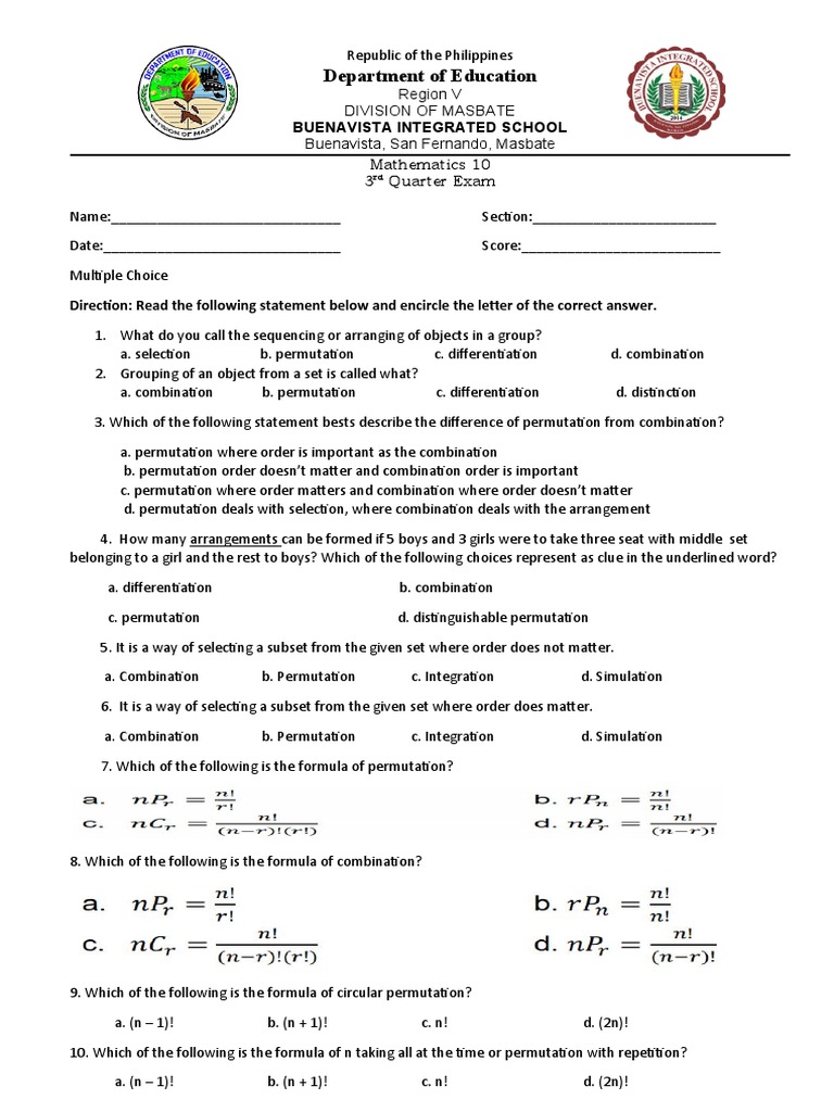 Math 10 3RD Quarter Exam | PDF | Permutation | Mathematics