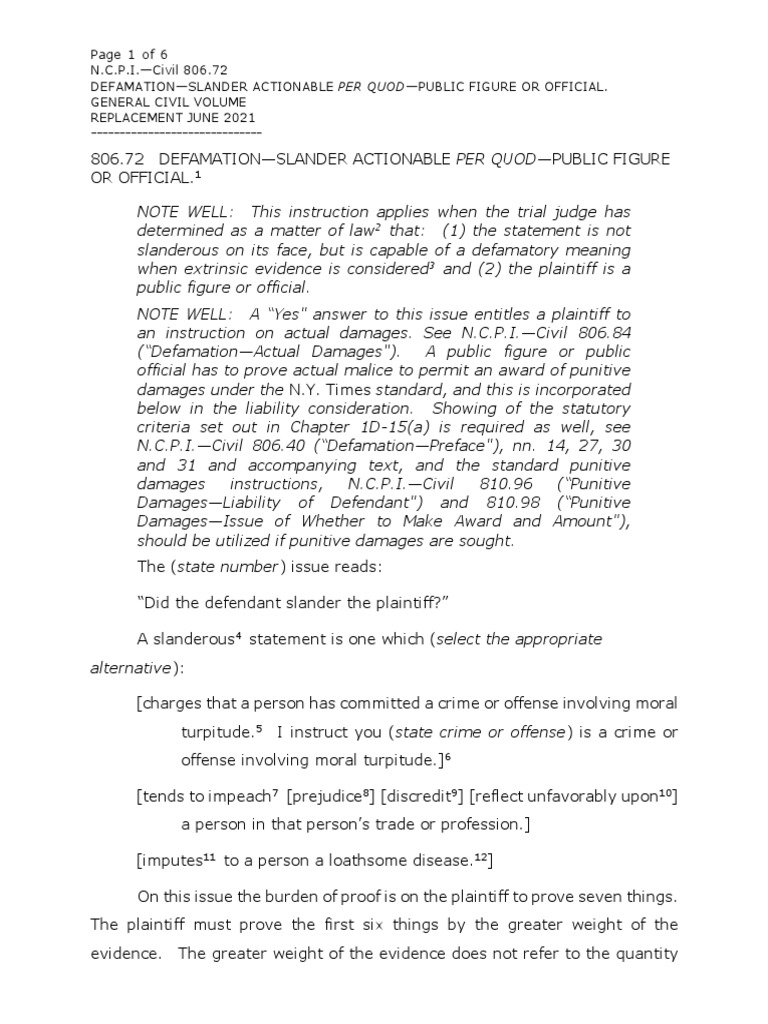 Page 1 of 6 N.C.P.I.-Civil 806.72 Defamation-Slander Actionable Per ...