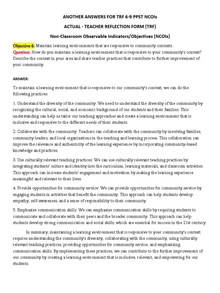 TRF Objectives 6-9 (SET 4 ANSWERS) | PDF | Teachers | Learning