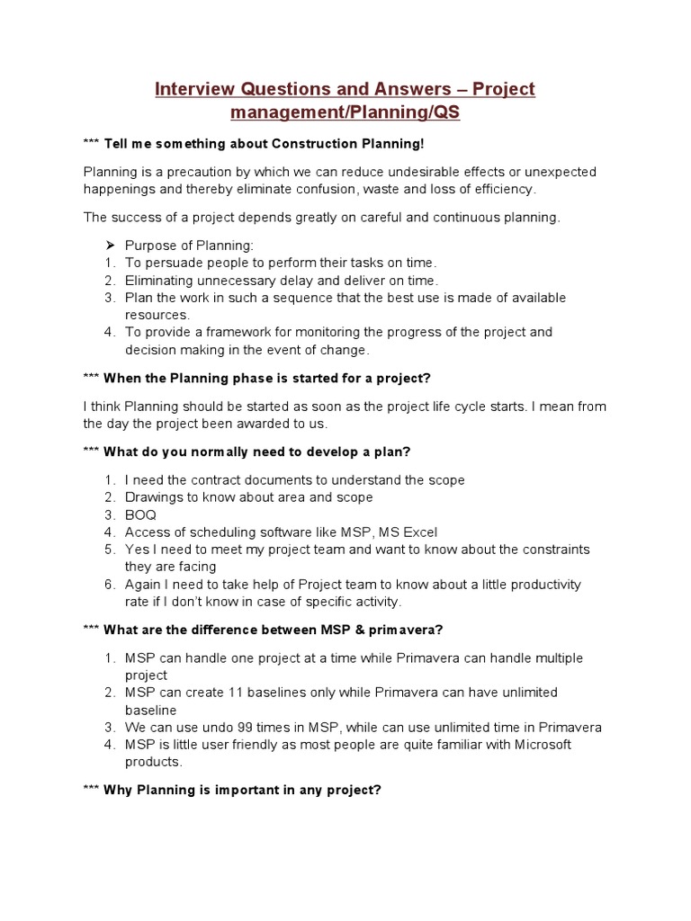 Planning Engineer and QS_Interview Questions and Answer | PDF | Project Management | Quality ...