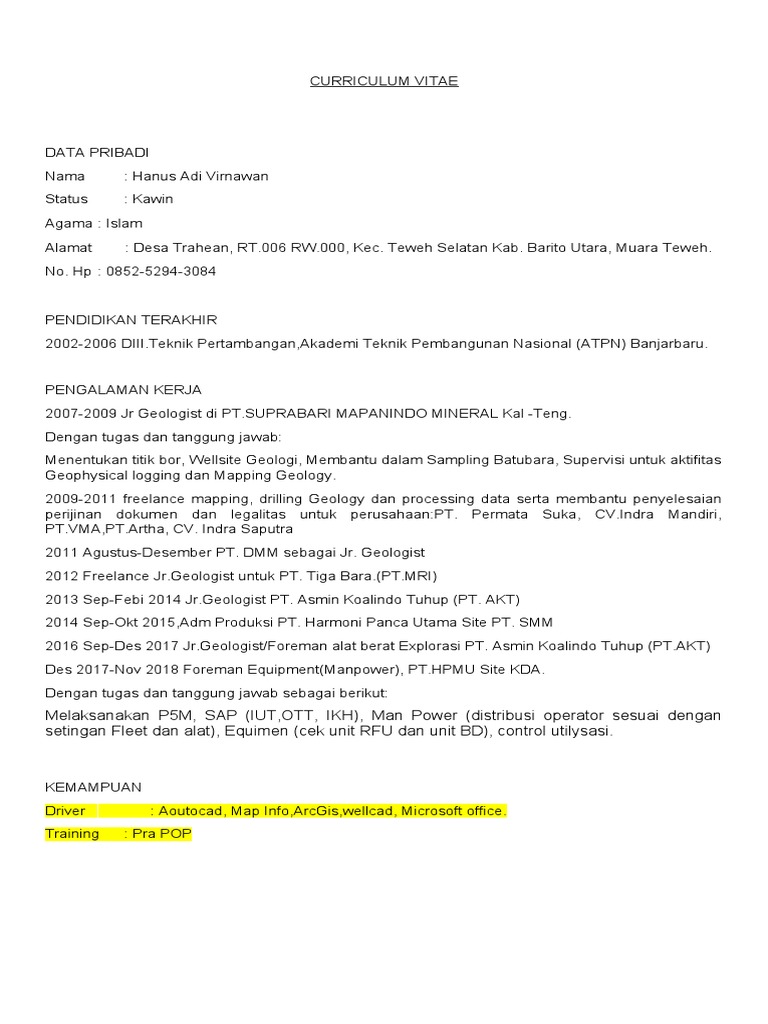 Pengalaman Kerja Dan CV (Hanus) | PDF