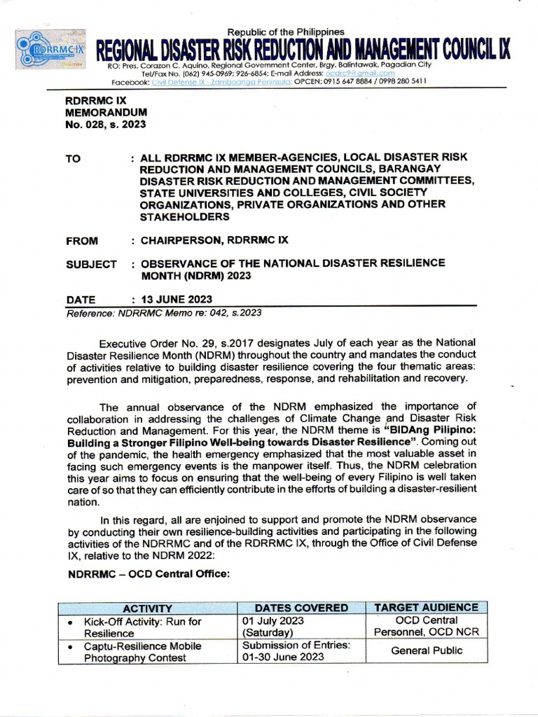 RDRRMC Memo 028 s.2023 Observance of The NDRM 2023 | PDF